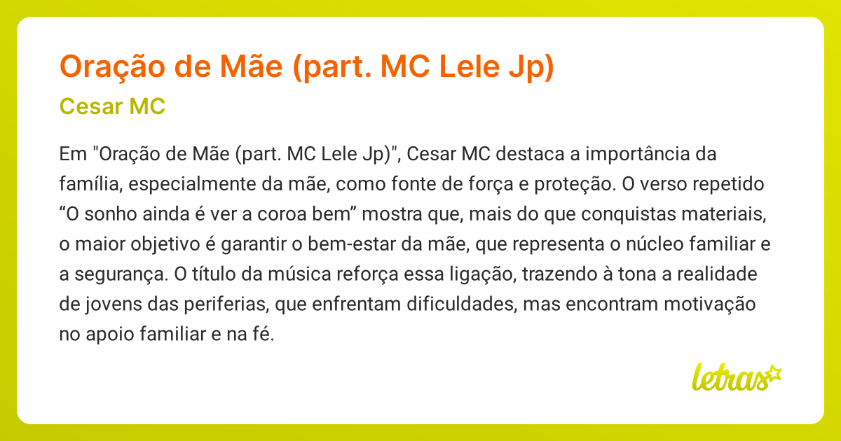 Significado da música Oração de Mãe (part. MC Lele Jp) (Cesar MC ...