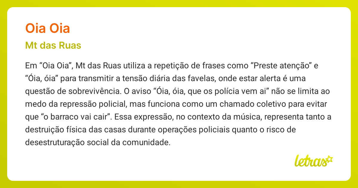 Significado da música OIA OIA (Mt das Ruas) - LETRAS.MUS.BR