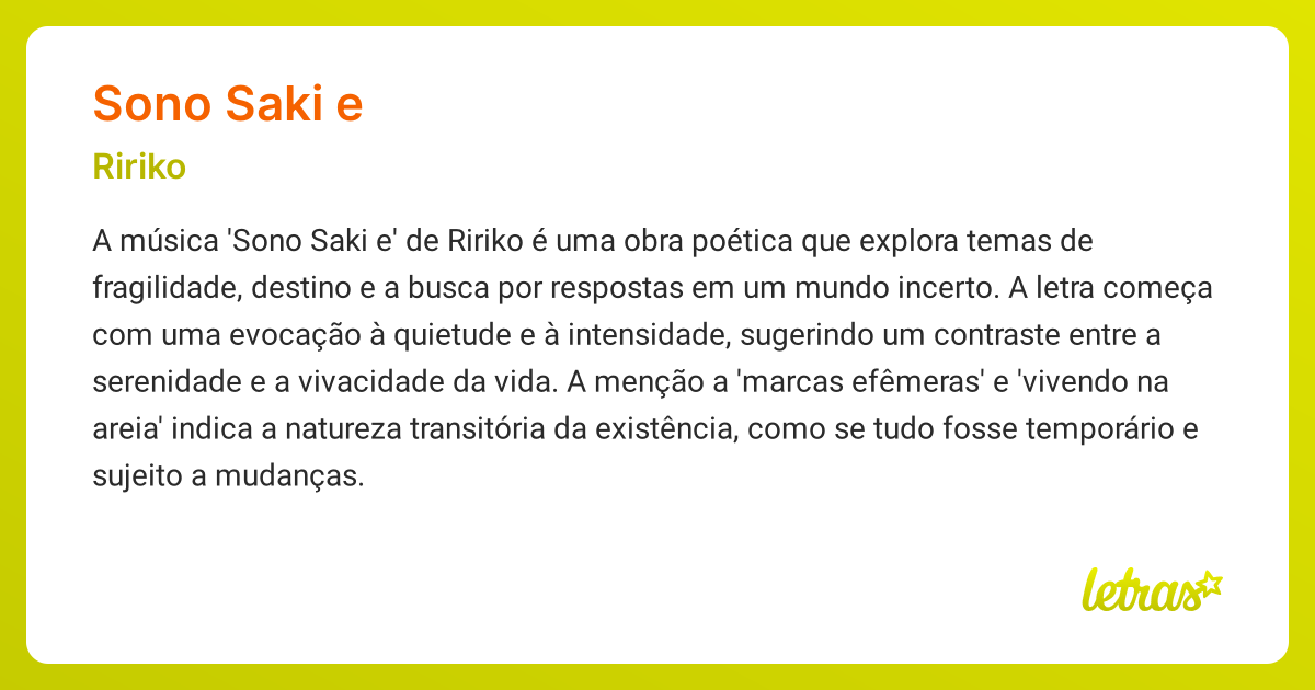 Significado da música SONO SAKI E (Ririko) - LETRAS.MUS.BR