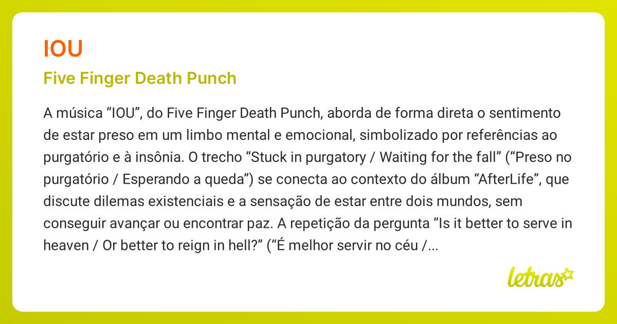 Significado da música IOU (Five Finger Death Punch) - LETRAS.MUS.BR