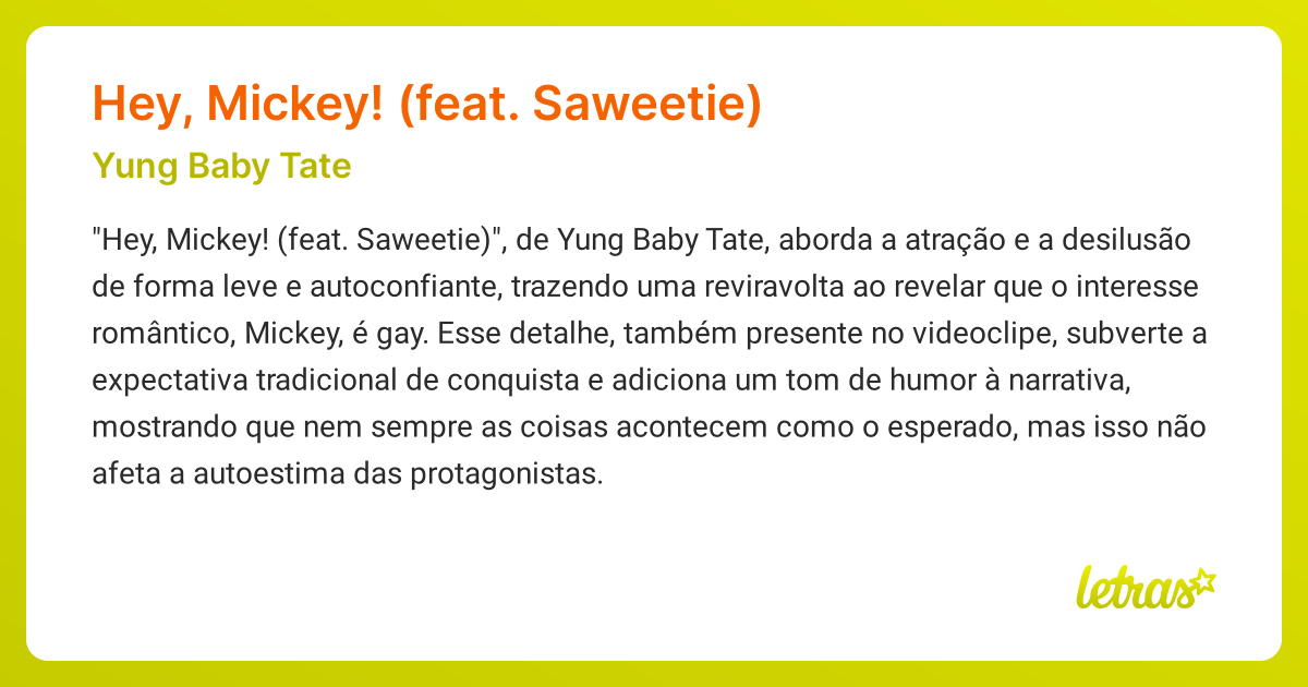 Significado da música HEY, MICKEY! (FEAT. SAWEETIE) (Yung Baby Tate ...