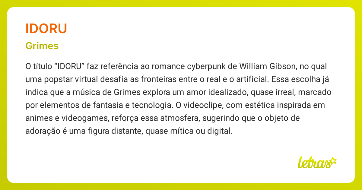 Significado da música IDORU (Grimes) - LETRAS.MUS.BR