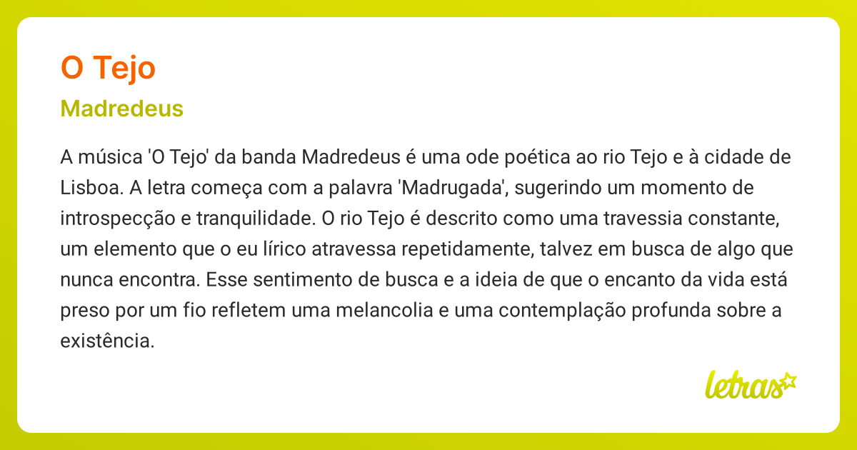Significado da música O TEJO (Madredeus) - LETRAS.MUS.BR