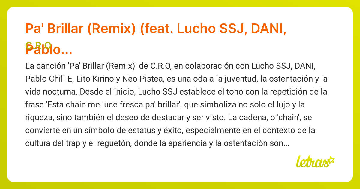 Significado de la canción Pa' Brillar (Remix) (feat. Lucho SSJ, DANI ...
