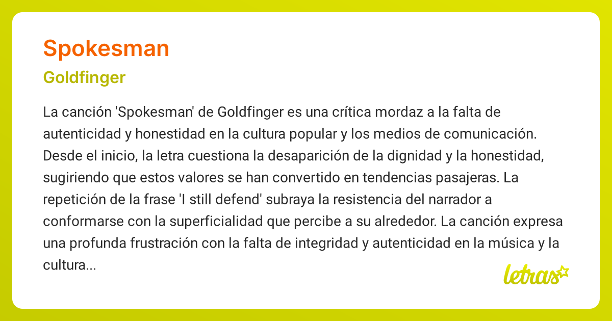 Significado de la canción SPOKESMAN (Goldfinger) - LETRAS.COM