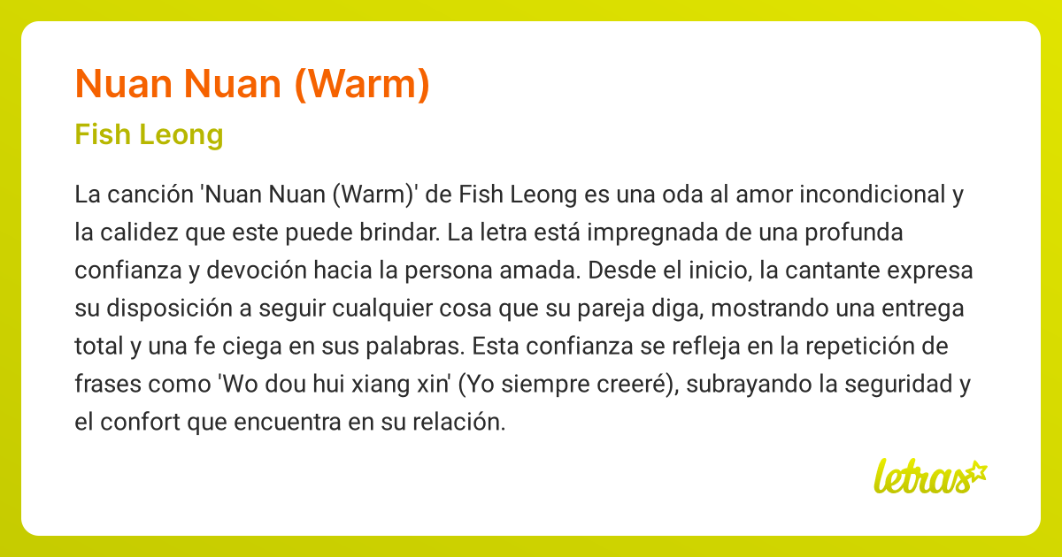 Significado de la canción NUAN NUAN (WARM) (Fish Leong) - LETRAS.COM