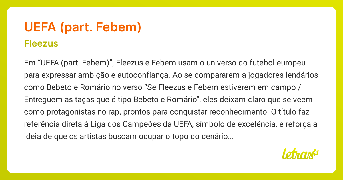 Significado da música UEFA (PART. FEBEM) (Fleezus) - LETRAS.MUS.BR