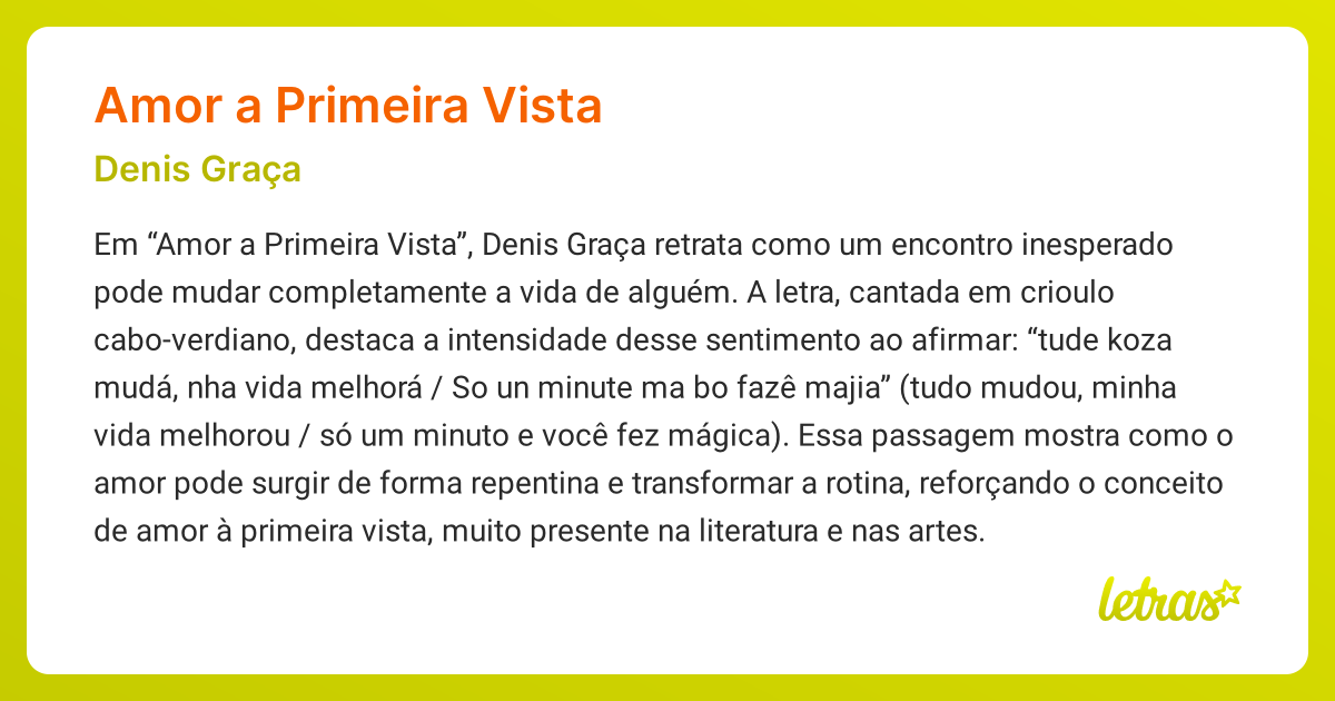 Significado da música AMOR A PRIMEIRA VISTA (Denis Graça) - LETRAS.MUS.BR