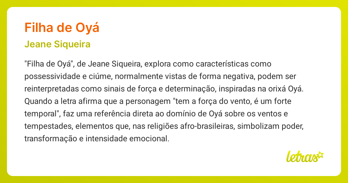 Significado da música FILHA DE OYÁ (Jeane Siqueira) - LETRAS.MUS.BR