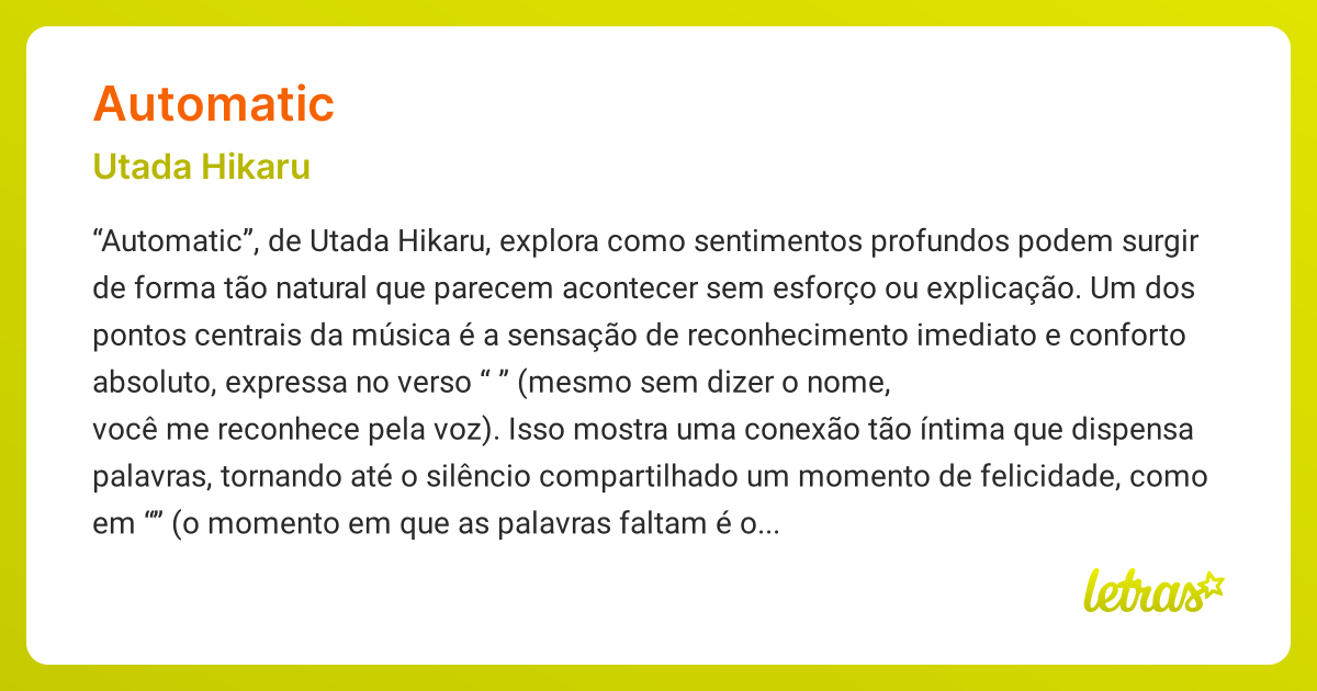 Significado da música AUTOMATIC (Utada Hikaru) - LETRAS.MUS.BR