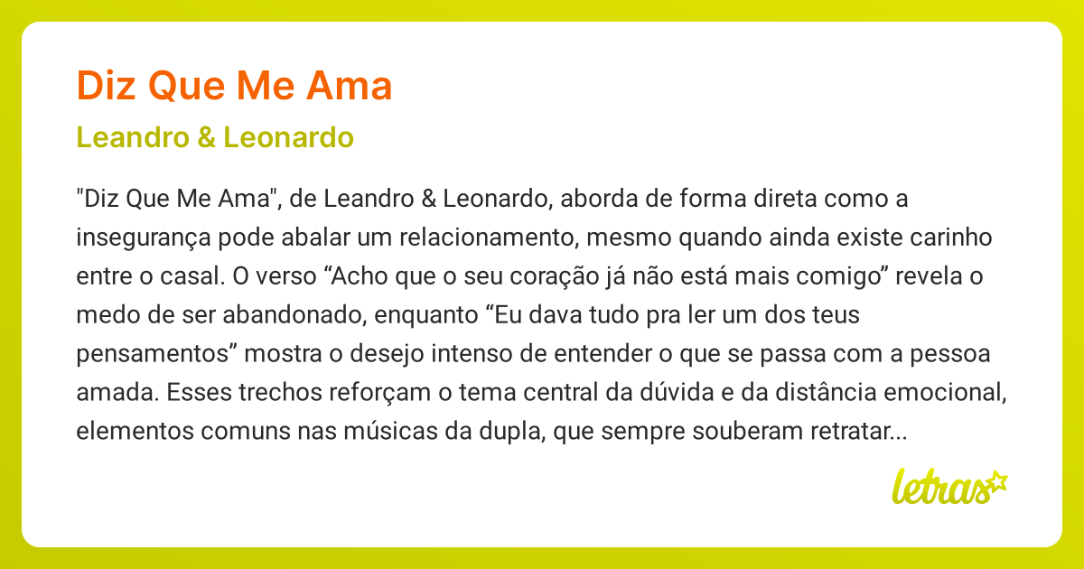 Significado da música DIZ QUE ME AMA (Leandro & Leonardo) - LETRAS.MUS.BR