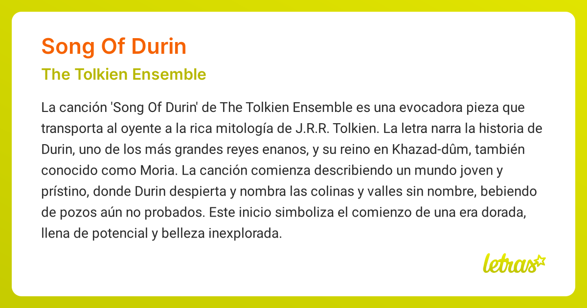 Significado de la canción SONG OF DURIN (The Tolkien Ensemble) - LETRAS.COM