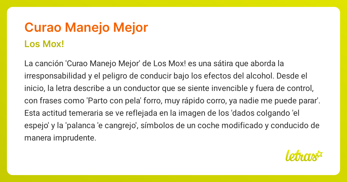 Significado de la canción CURAO MANEJO MEJOR (Los Mox!) - LETRAS.COM