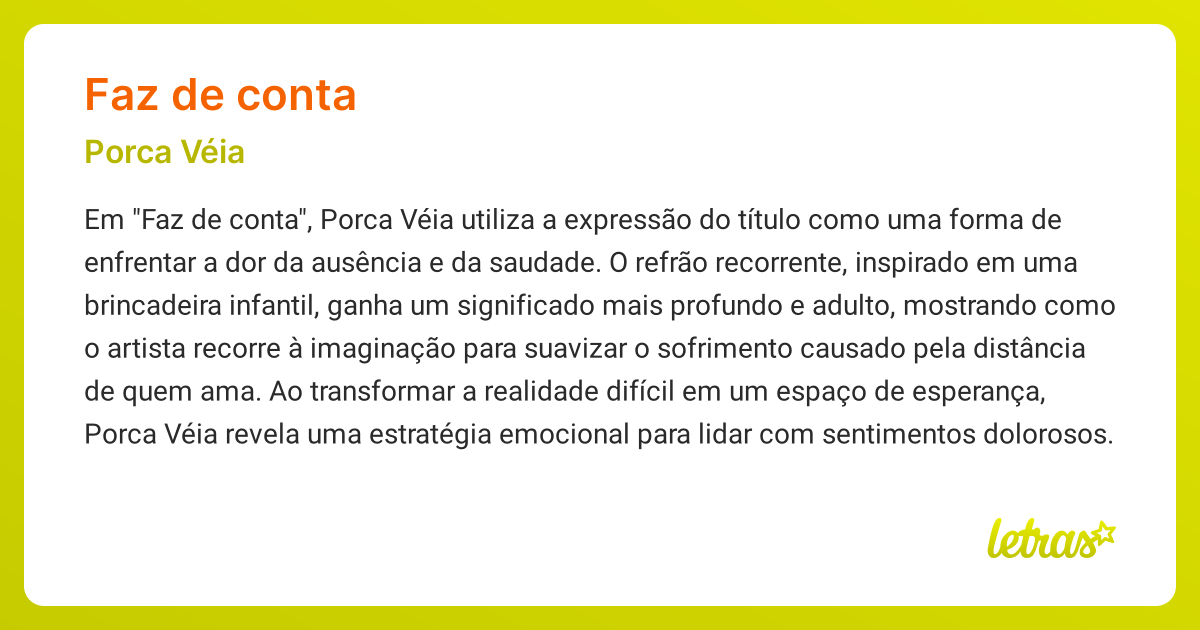 Significado da música FAZ DE CONTA (Porca Véia) - LETRAS.MUS.BR