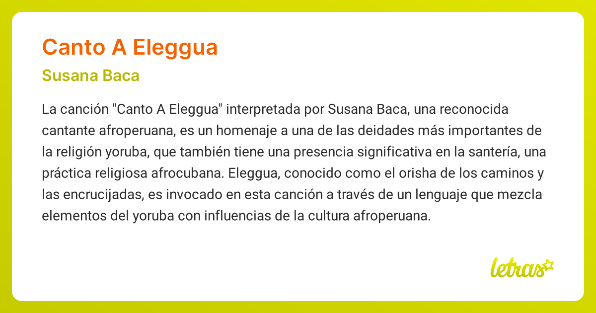 Significado de la canción CANTO A ELEGGUA (Susana Baca) - LETRAS.COM