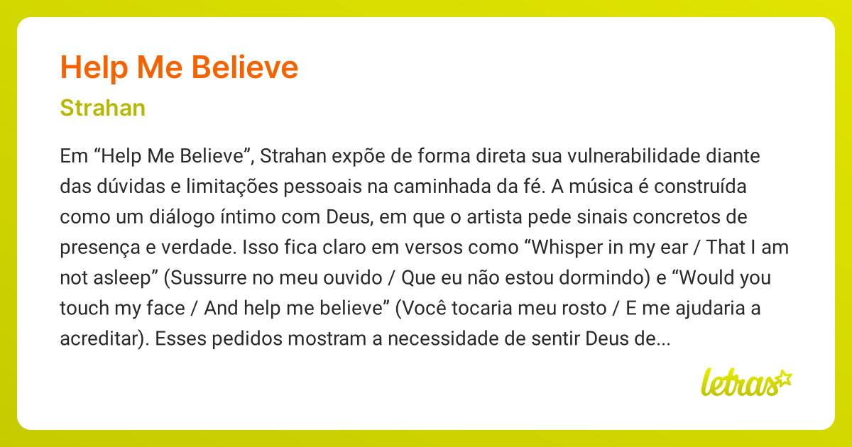 Significado da música HELP ME BELIEVE (Strahan) - LETRAS.MUS.BR