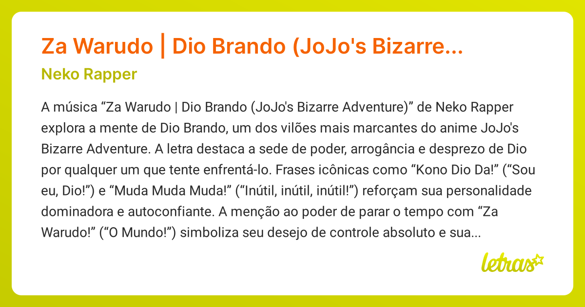 Significado da música Za Warudo | Dio Brando (JoJo's Bizarre Adventure ...