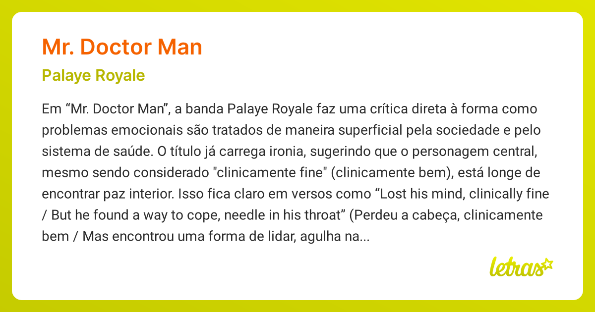 Significado da música MR. DOCTOR MAN (Palaye Royale) - LETRAS.MUS.BR