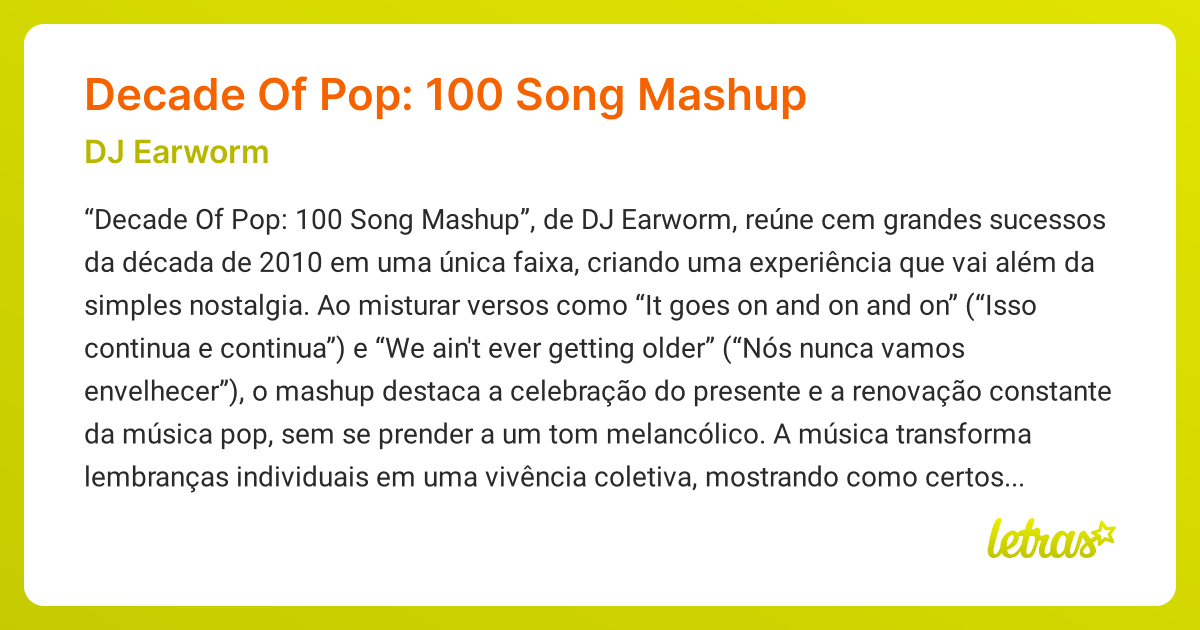Significado da música DECADE OF POP: 100 SONG MASHUP (DJ Earworm ...