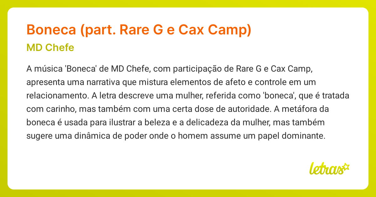 Significado da música Boneca (part. Rare G e Cax Camp) (MD Chefe ...