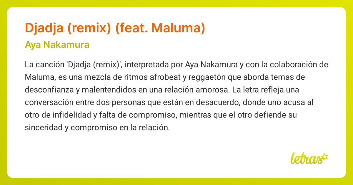 Significado de la canción DJADJA (REMIX) (FEAT. MALUMA) (Aya Nakamura ...