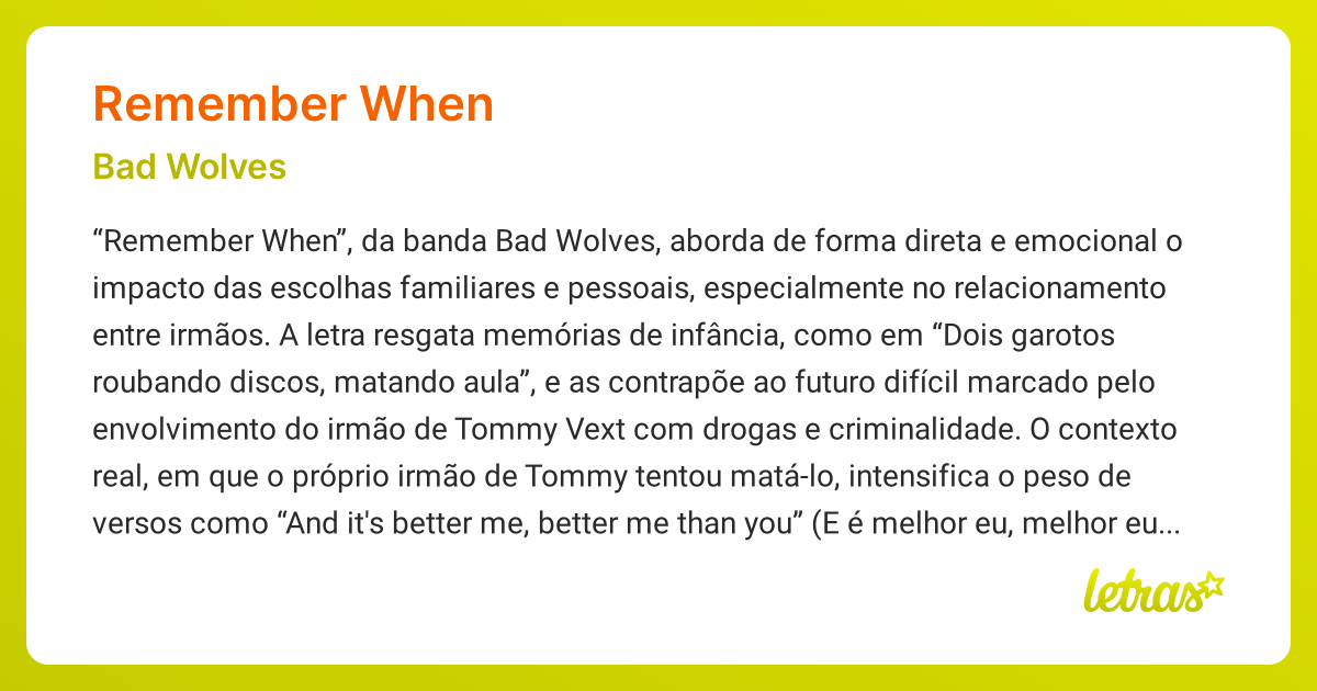 Significado da música REMEMBER WHEN (Bad Wolves) - LETRAS.MUS.BR