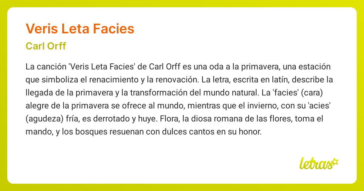 Significado de la canción VERIS LETA FACIES (Carl Orff) - LETRAS.COM