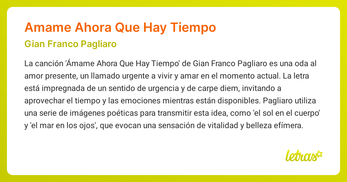 Significado de la canción AMAME AHORA QUE HAY TIEMPO (Gian Franco ...