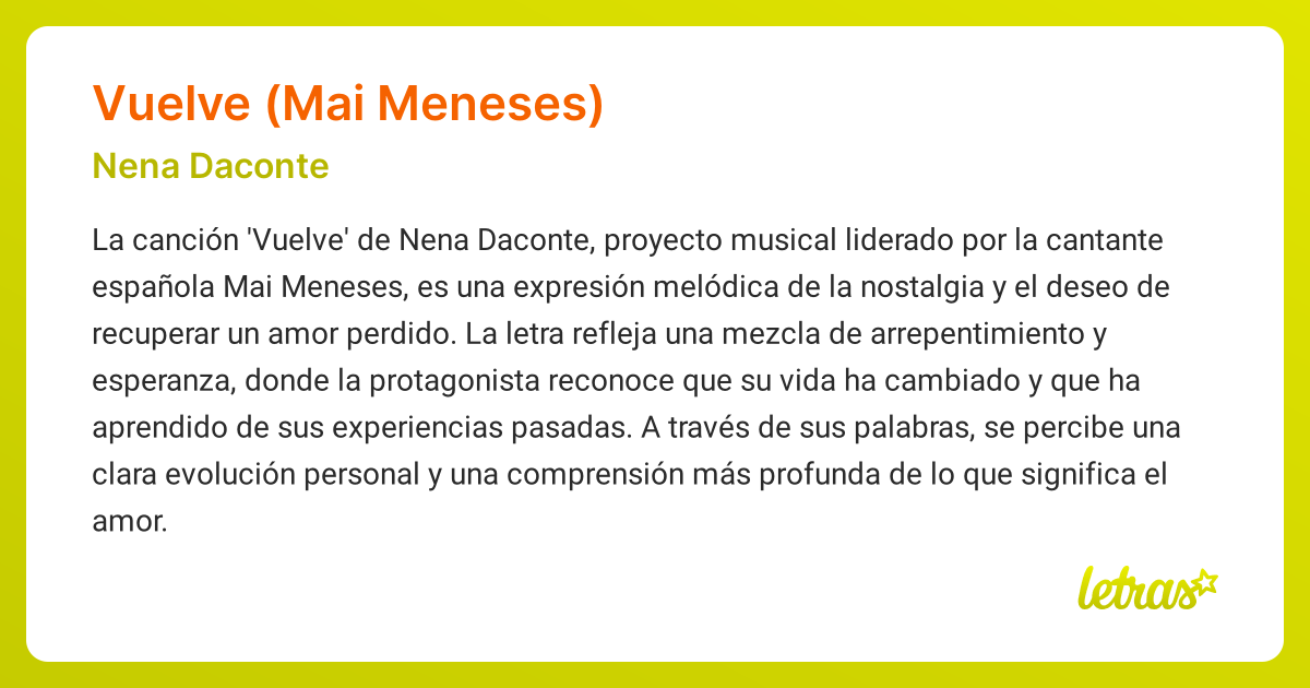 Significado de la canción VUELVE (MAI MENESES) (Nena Daconte) - LETRAS.COM