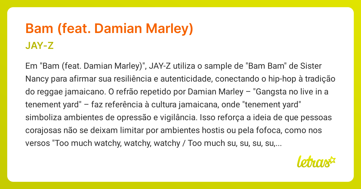 Significado da música BAM (FEAT. DAMIAN MARLEY) (JAY-Z) - LETRAS.MUS.BR