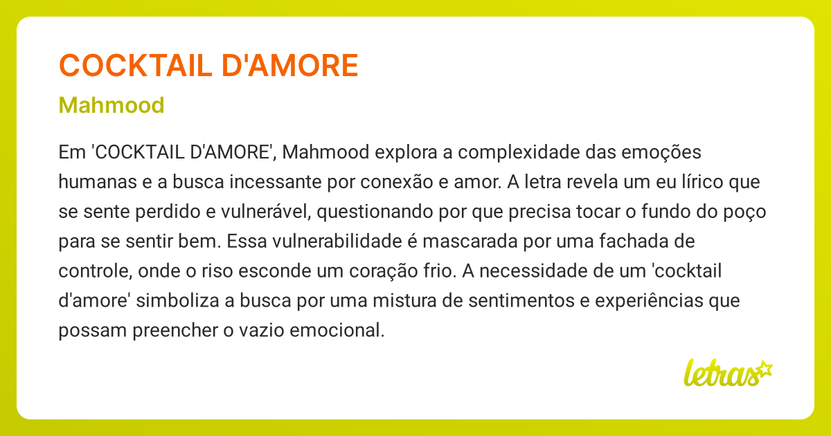 Significado da música COCKTAIL D'AMORE (Mahmood) - LETRAS.MUS.BR