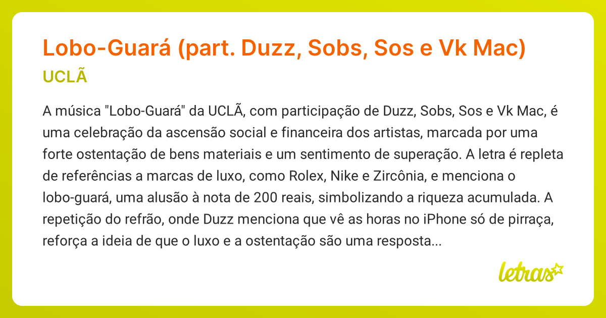Significado da música Lobo-Guará (part. Duzz, Sobs, Sos e Vk Mac) (UCLÃ ...