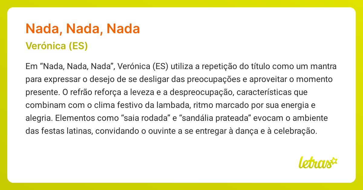 Significado da música NADA, NADA, NADA ( Verónica (ES)) - LETRAS.MUS.BR