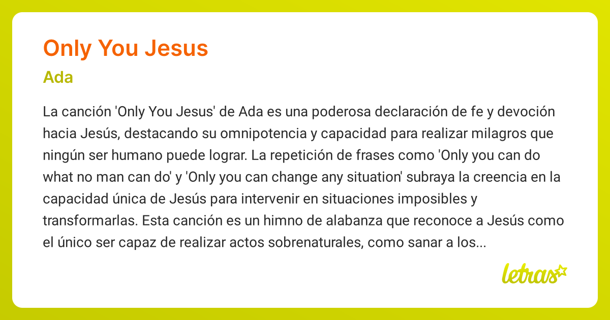 Significado de la canción ONLY YOU JESUS (Ada) - LETRAS.COM