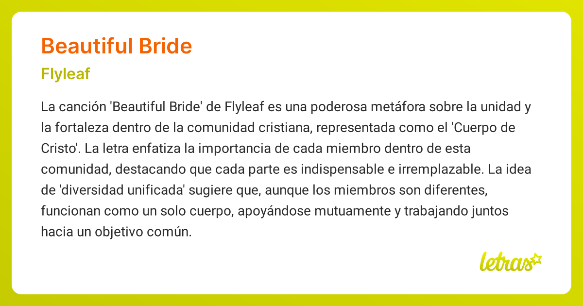 Significado de la canción BEAUTIFUL BRIDE (Flyleaf) - LETRAS.COM