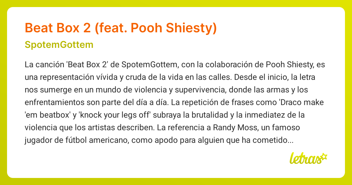 Significado de la canción Beat Box 2 (feat. Pooh Shiesty) (SpotemGottem) - LETRAS.COM