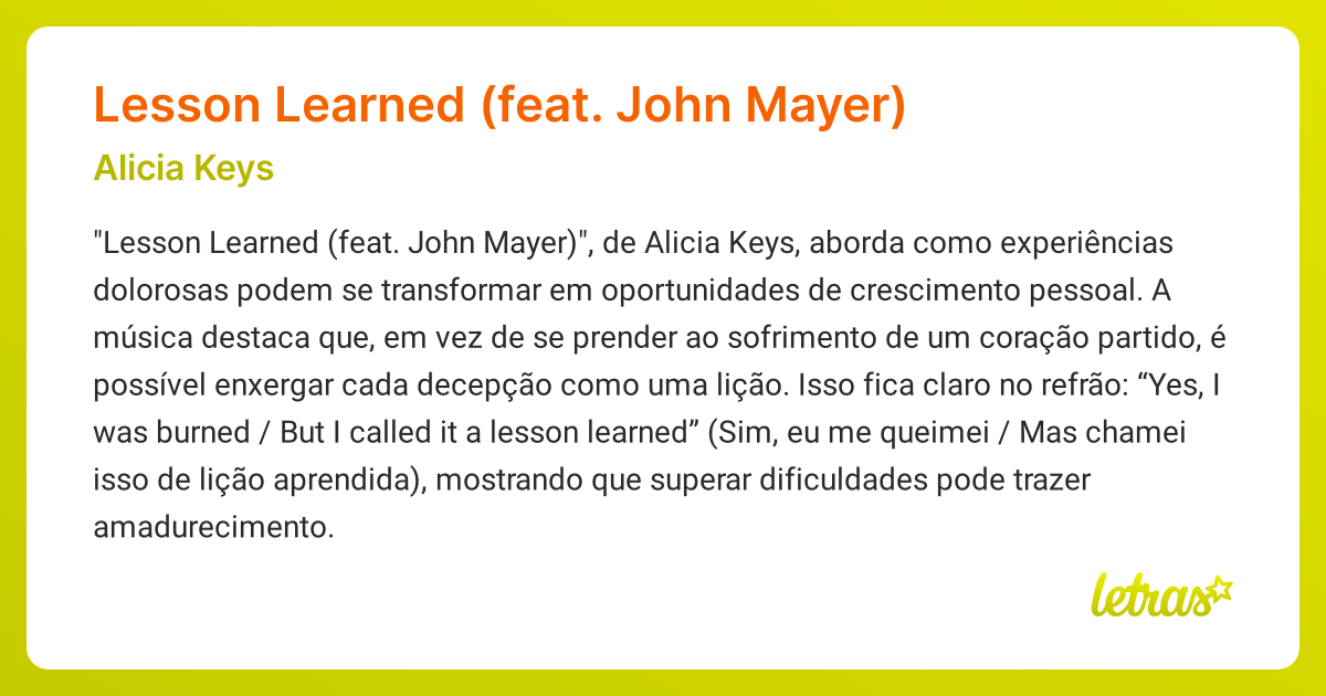 Significado da música Lesson Learned (feat. John Mayer) (Alicia Keys ...