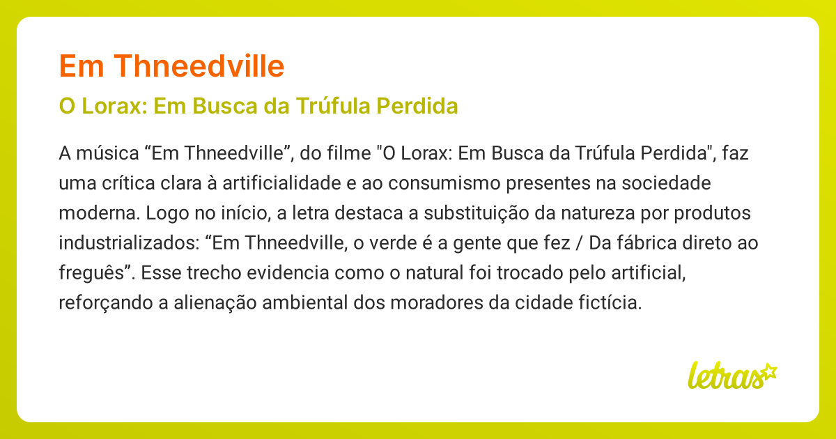 Significado da música EM THNEEDVILLE (O Lorax: Em Busca da Trúfula ...