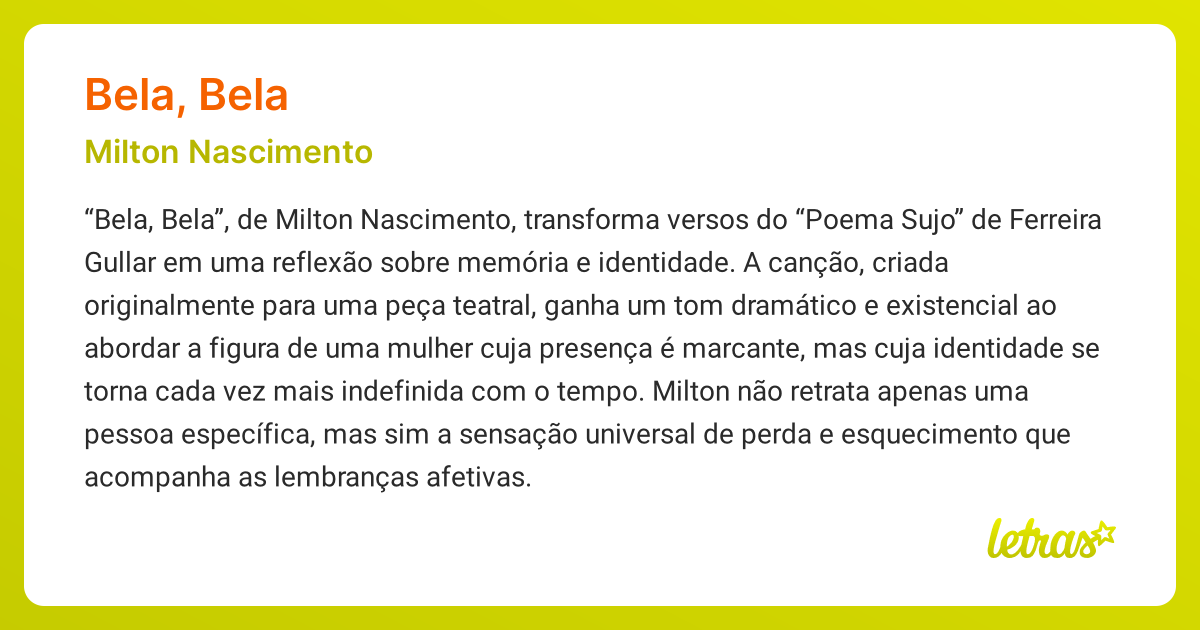 Significado da música BELA, BELA (Milton Nascimento) - LETRAS.MUS.BR