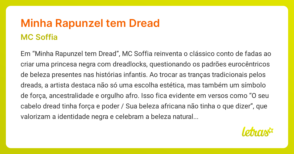 Significado da música MINHA RAPUNZEL TEM DREAD (MC Soffia) - LETRAS.MUS.BR