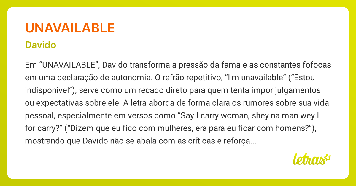 Significado da música UNAVAILABLE (Davido) - LETRAS.MUS.BR