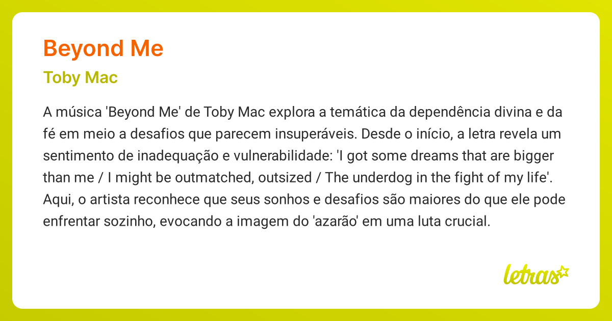 Significado da música BEYOND ME (Toby Mac) - LETRAS.MUS.BR