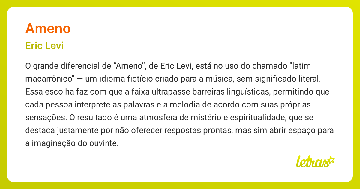 Significado da música AMENO (Eric Levi) - LETRAS.MUS.BR