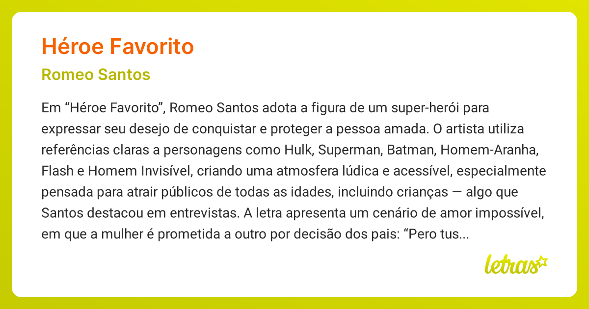 Significado da música HÉROE FAVORITO (Romeo Santos) - LETRAS.MUS.BR