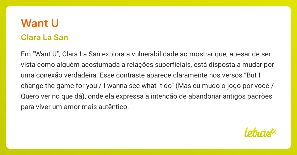 Significado da música WANT U (Clara La San) - LETRAS.MUS.BR