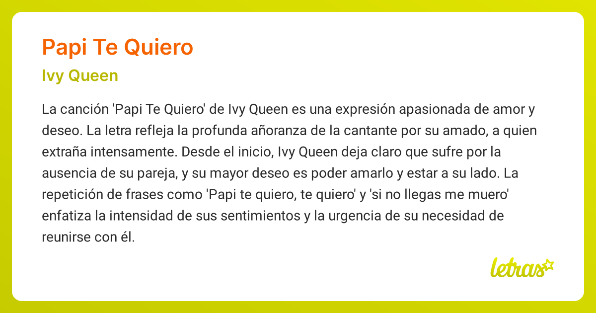 Significado de la canción PAPI TE QUIERO (Ivy Queen) - LETRAS.COM