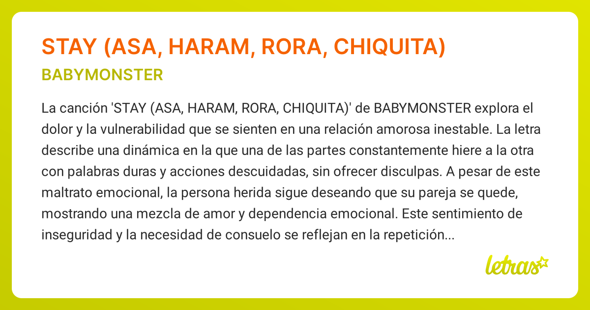 Significado de la canción STAY (ASA, HARAM, RORA, CHIQUITA ...