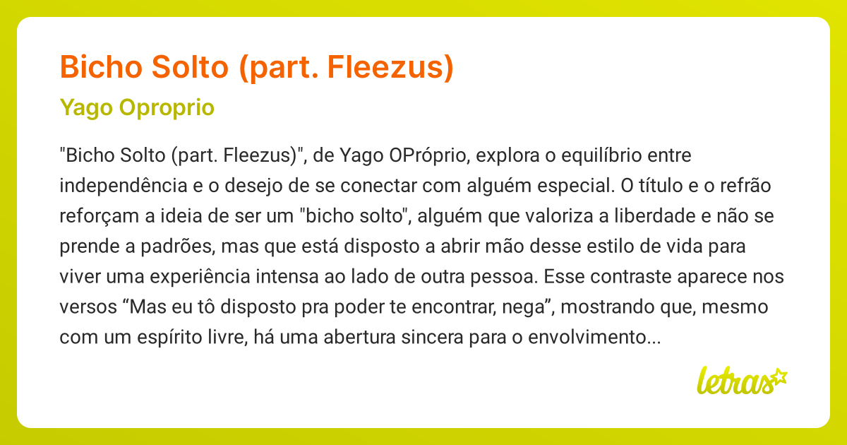 Significado da música BICHO SOLTO (PART. FLEEZUS) (Yago OPróprio ...