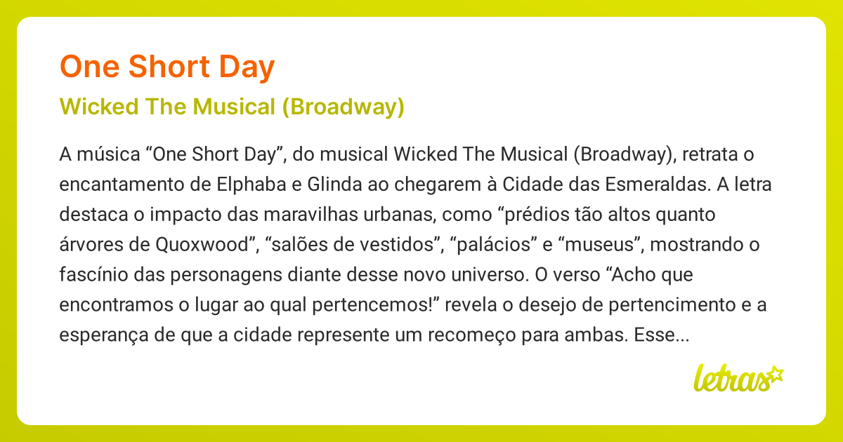 Significado da música ONE SHORT DAY (Wicked The Musical (Broadway ...