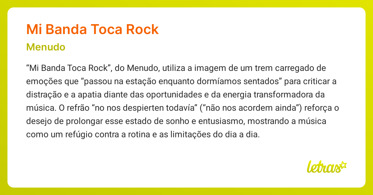 Significado da música MI BANDA TOCA ROCK (Menudo) - LETRAS.MUS.BR